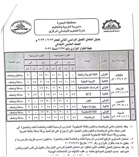 جدول امتحانات الصف الخامس الابتدائي الترم الثاني 2023