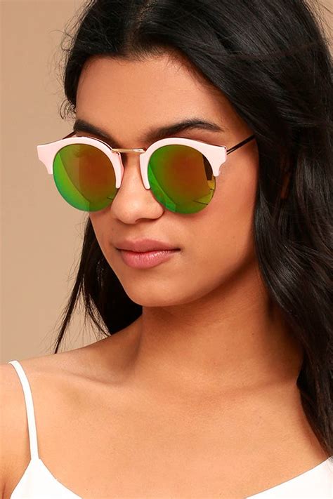 Cute Pink Sunglasses Green Lens Sunglasses Mirrored Sunglasses