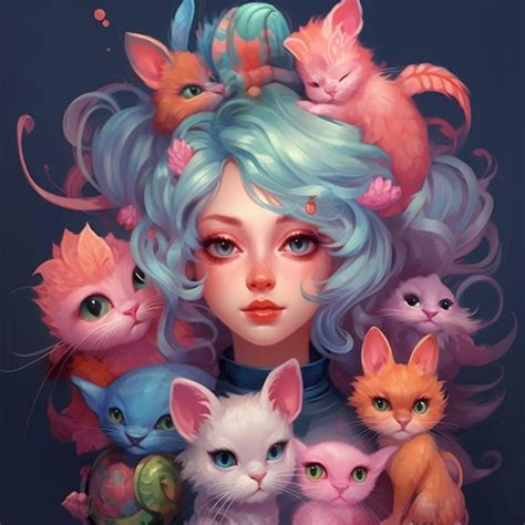 Premium Photo There Is A Woman With A Bunch Of Cats On Her Head