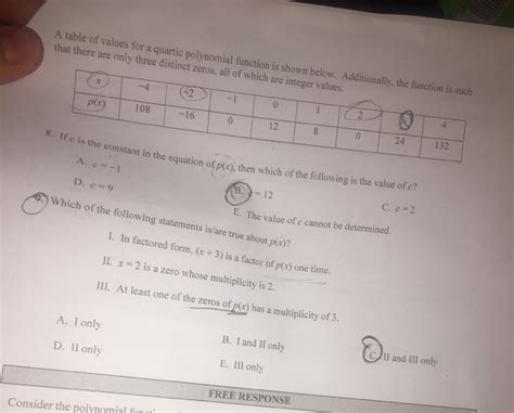 solved a table of values for a quartic polynomial function