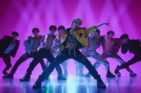 Premium Photo Group Of Kpop Idols Performing A Complex Dance In Perfect Synchronization
