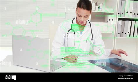 Image Of Medical Data Processing Over Caucasian Female Doctor Examining X Ray Report At Hospital