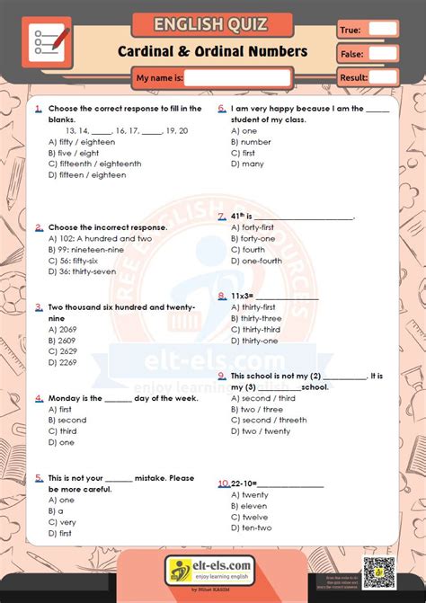 Cardinal And Ordinal Numbers Multiple Choice Test Elt Els
