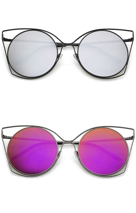 Oversize Slim Metal Cutout Flat Mirrored Round Lens Cat Eye Sunglasses 58mm
