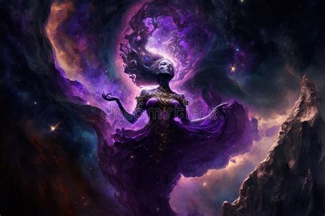 Purple Goddess Awakening Concept In Cosmical Abstract Art Stock