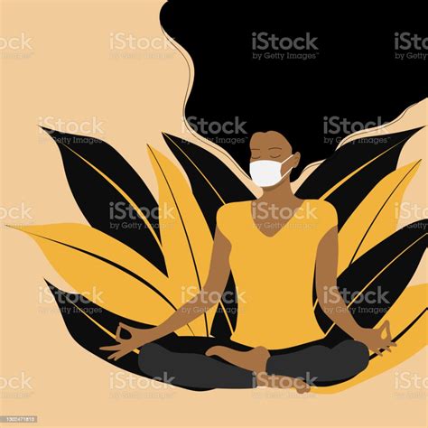 긴 머리를 가진 보호 의료 마스크를 착용한 스포츠 소녀가 연꽃 자세에 앉아 명상합니다 정신적으로 꿈과 가벼움을 느낀다 자연에서