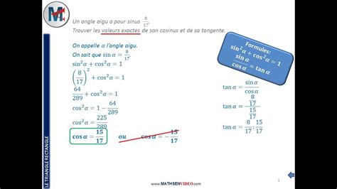 Exercice Trouver Le Cosinus Et La Tangente Avec Le Sinus Youtube 14976