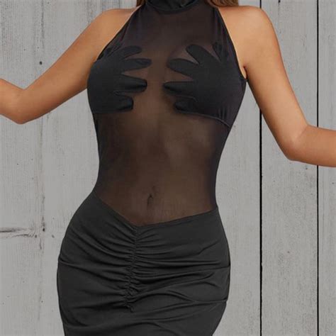 Do My Self Dresses Black Mesh Mini Dress With Hands Covering