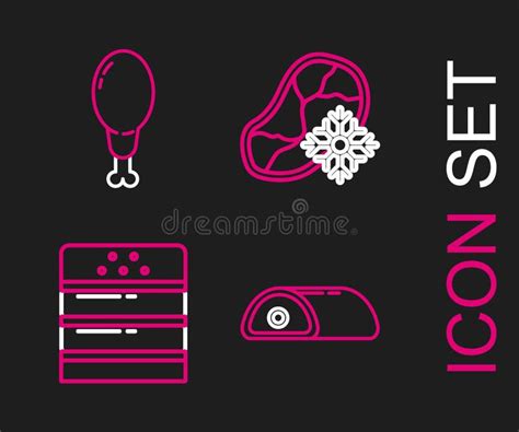 Set Line Meat Burger Fresh Frozen Steak Meat And Chicken Leg Icon