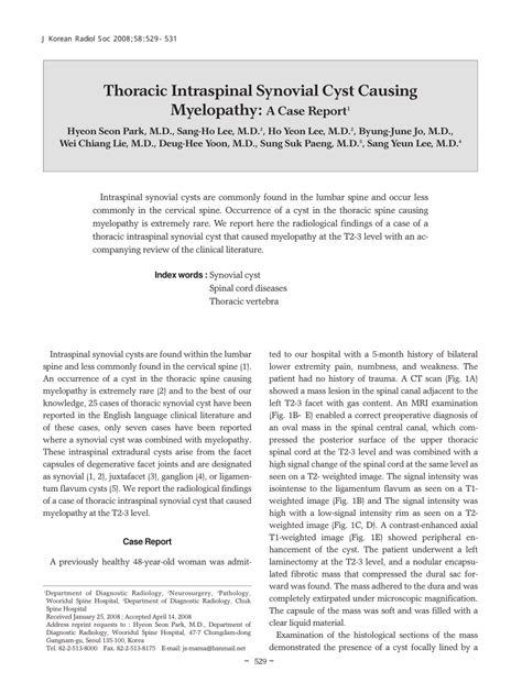 Pdf Thoracic Intraspinal Synovial Cyst Causing Myelopathy A Case Report