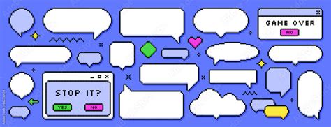 Set Of Pixel Dialogue Boxes Different Shapes On Blue Background Chat
