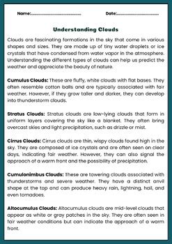 Types Of Clouds Reading Comprehension Passage With Questions TPT