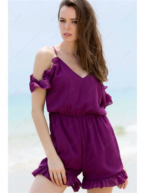 Solid Color Plunging Neck Short Sleeve Cold Shoulder Romper In Purple