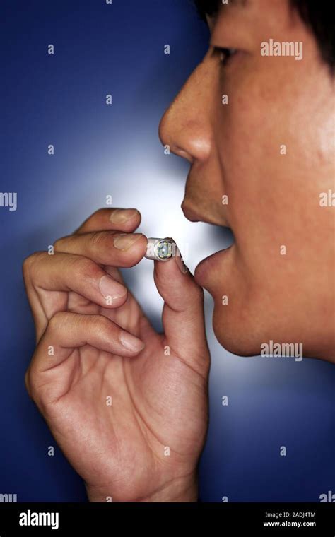 Model Released Capsule Endoscope Man About To Swallow A Capsule