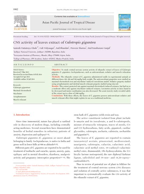 Pdf Cns Activity Of Leaves Extract Of Calotropis Gigantea
