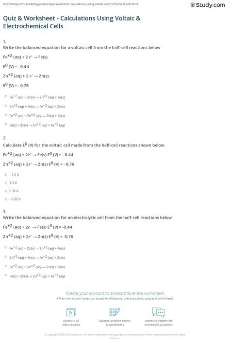 Quiz And Worksheet Calculations Using Voltaic And Electrochemical Cells