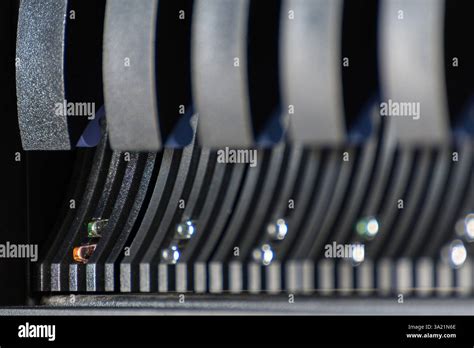 computer server mainframe and harddisk drive raid storage with led error alert sign fail in