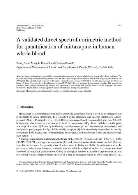 Pdf A Validated Direct Spectrofluorimetric Method For Quantification Of Mirtazapine In Human