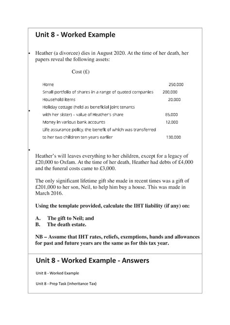 Worked Example Inheritance Tax Unit 8 Worked Example Heather A