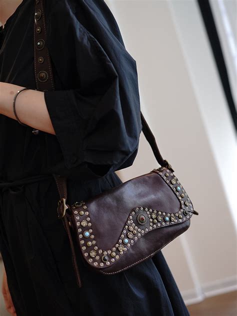 Western Coffee Womens Rivets Small Shoulder Bag Small Rivets Crossbody