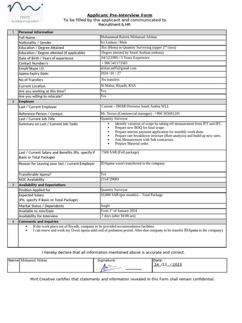 Mint Creative Pre Interview Form Pdf