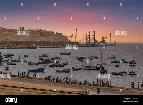 Blue Hour Over The Harbour In The Town Of Namibe Angola Africa Stock
