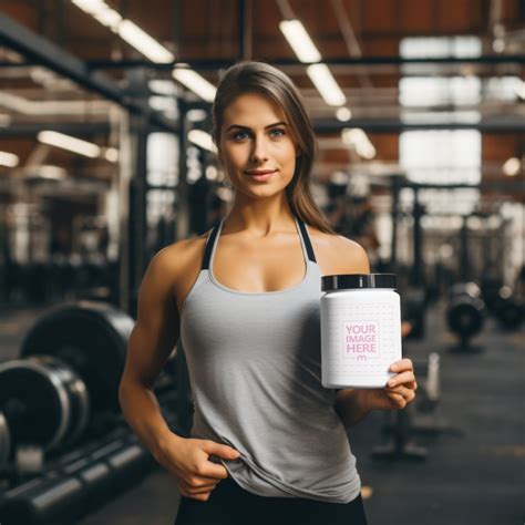 Fit Woman Holding Blank Protein Container Mockup Inside Gym Mediamodifier