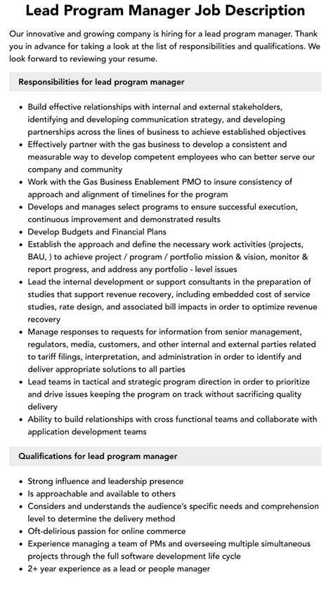 Lead Program Manager Job Description Velvet Jobs
