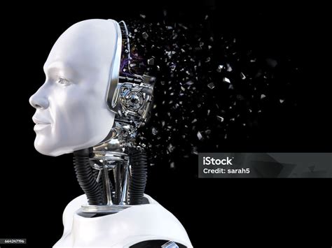 깨졌을 남성 로봇 머리의 3d 렌더링입니다 사이보그에 대한 스톡 벡터 아트 및 기타 이미지 사이보그 인공지능 3차원 형태
