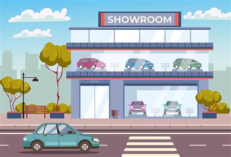 자동차 쇼룸 대리점 상점 센터 상점 자동차 렌탈 딜러 개념 벡터 그래픽 디자인 그림 개념에 대한 스톡 벡터 아트 및 기타 이미지 개념 거래자 거리 Istock