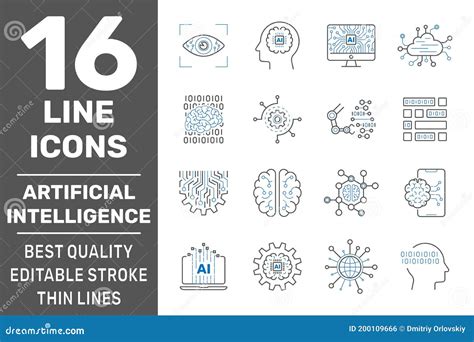 Vector Set Of 16 Thin Icons Related To Artificial Intelligence And Data