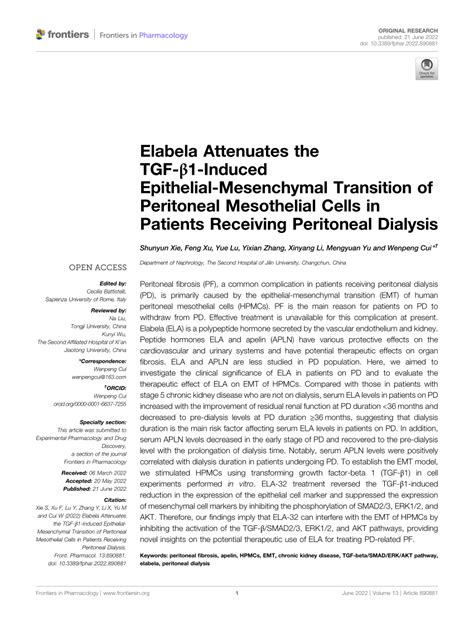 Pdf Elabela Attenuates The Tgf β1 Induced Epithelial Mesenchymal