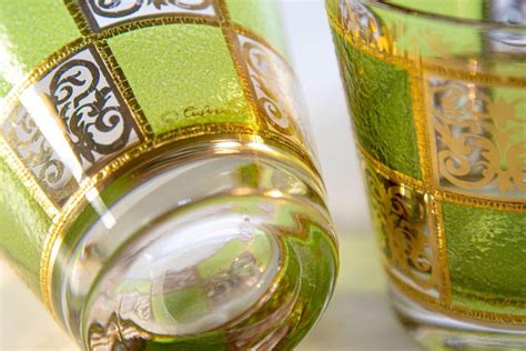 Vintage Culver Prado Rock Green And Gold Barware Glasses Set Of 2 For
