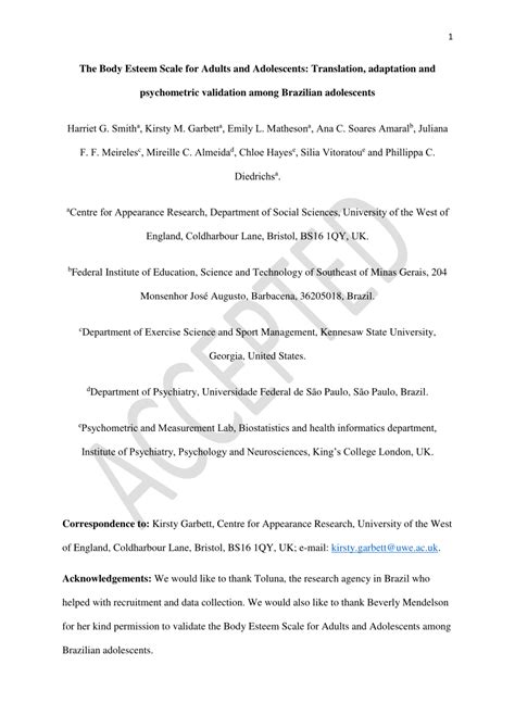 Pdf The Body Esteem Scale For Adults And Adolescents Translation Adaptation And