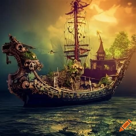 Steampunk Sailing Boat With Lush Plants Gears And Houses On The Deck