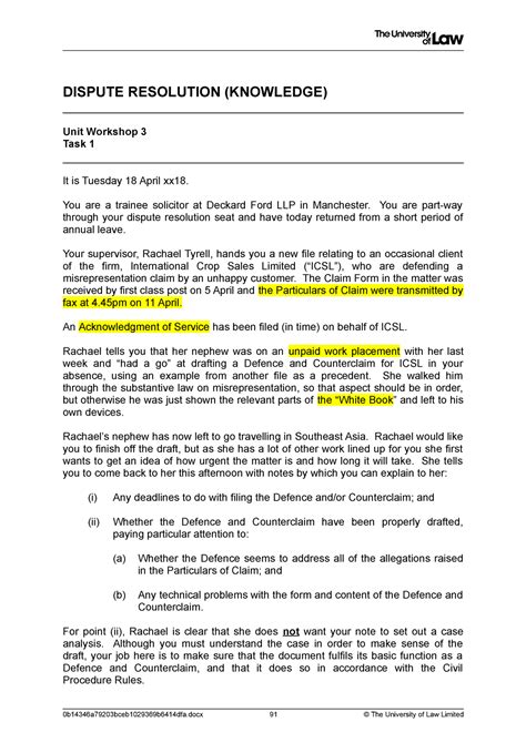 Dis Ws Ce Task DISPUTE RESOLUTION KNOWLEDGE Unit Workshop Task It Is Tuesday