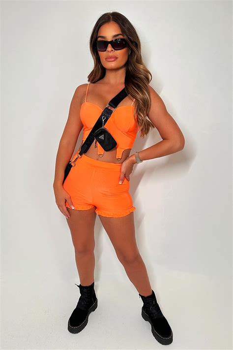 Suspender Detail Crop Top Shorts Set Neon Orange Festival Rave Outfit