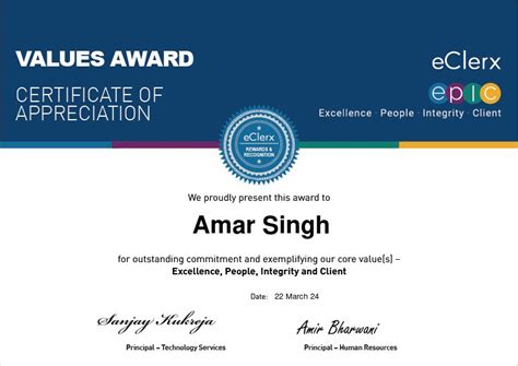 Amar Singh Manoor On Linkedin Values Award Certification Of