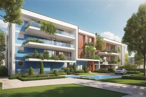 Representación 3D de un moderno edificio de apartamentos con jardín y