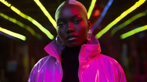 Premium Ai Image A Woman In A Purple Leather Jacket Stands In Front