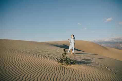 세련된 드레스에 긴 머리를 가진 여자가 사막 모래에서 포즈를 취합니다 사람 얼굴에 대한 스톡 사진 및 기타 이미지 사람 얼굴