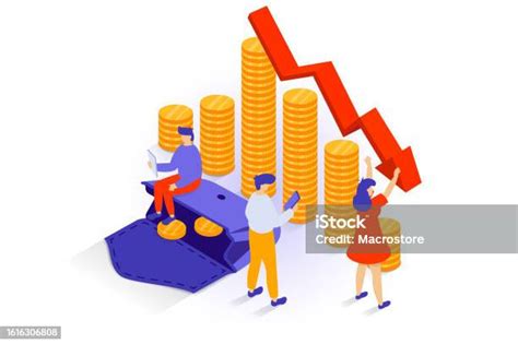 실업과 위기 개념은 3d 아이소메트릭 디자인에서 볼 수 있다 사람들은 아래쪽 화살표 평가 절하 및 채무 불이행으로 그래프에서