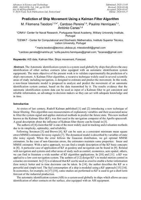 Prediction Of Ship Movement Using A Kalman Filter Algorithm Scientificnet