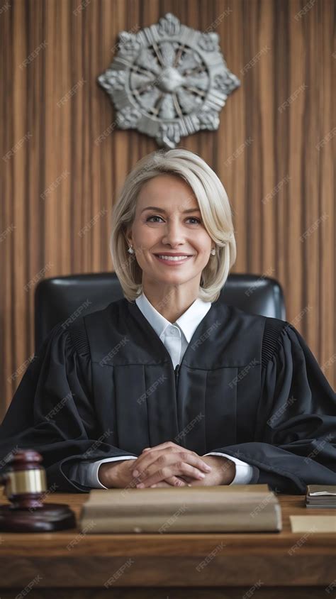 Cinematic Court Of Law Trial Portrait Of Impartial Smiling Female Judge