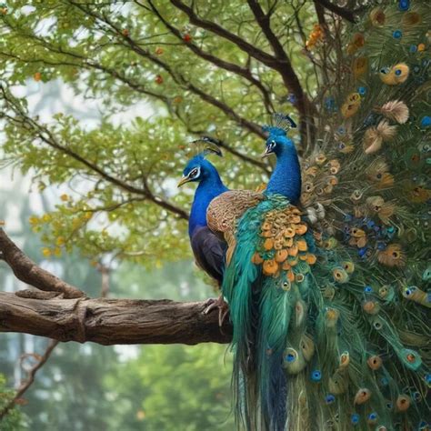 Two Peacocks Are Sitting On A Tree Branch With Flowers Premium Ai