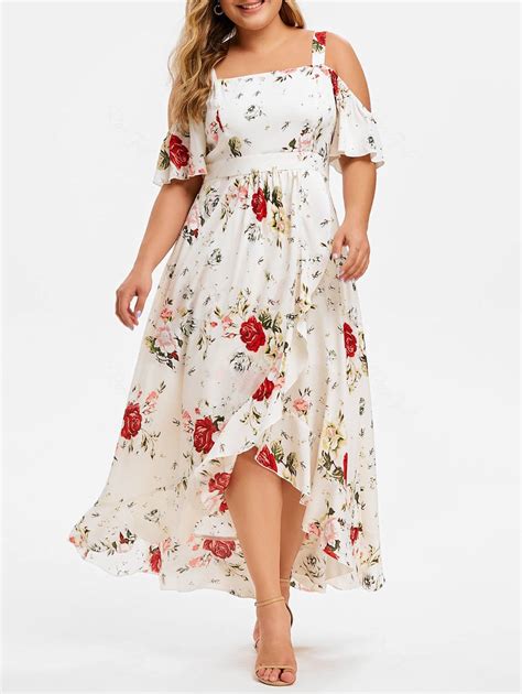 52 Off Plus Size Cold Shoulder Flounce Floral Maxi Dress Rosegal