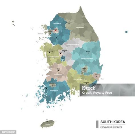 남한은 세분화된 상세한 지도를 했다 주 및 행정 구에 의해 착색 된 지구와 도시 이름으로 한국의 행정지도 벡터 그림입니다 수원