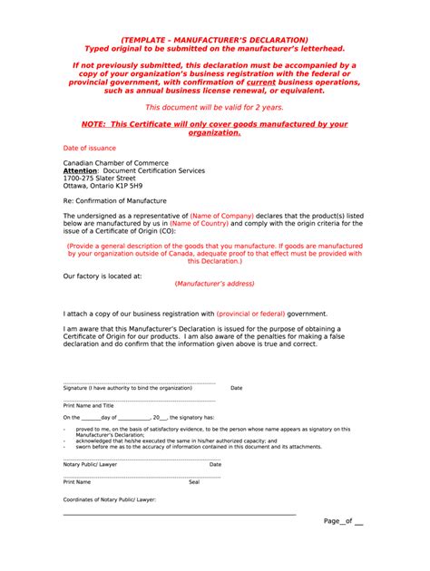 Template Manufacturer S Declaration Doc Template Pdffiller