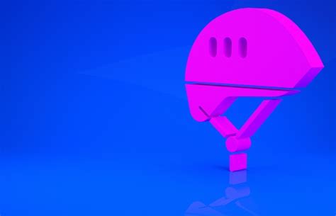 파란색 배경에 고립 된 분홍색 자전거 헬멧 아이콘입니다 익스트림 스포츠 스포츠 장비 미니멀리즘 개념 3d 일러스트레이션 3d