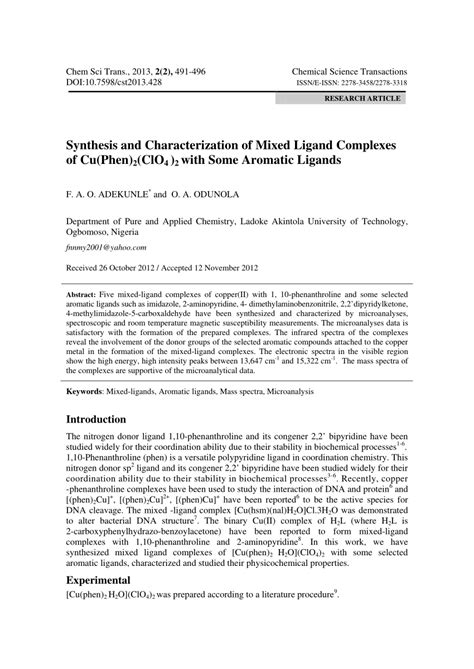 Pdf Synthesis And Characterization Of Mixed Ligand Complexes Of Cu